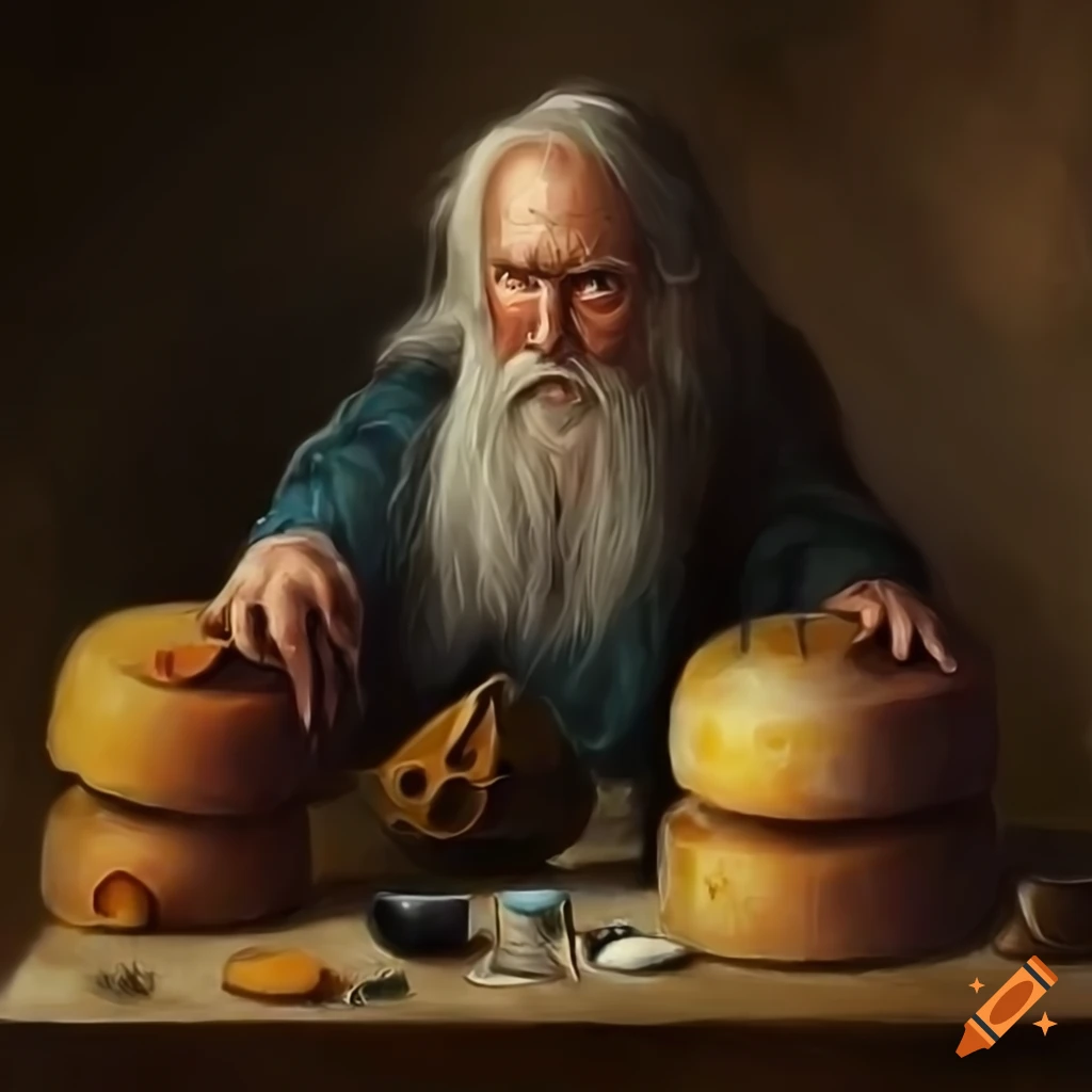Wizard surrounded by wheels of cheese in a cinematic oil painting on ...