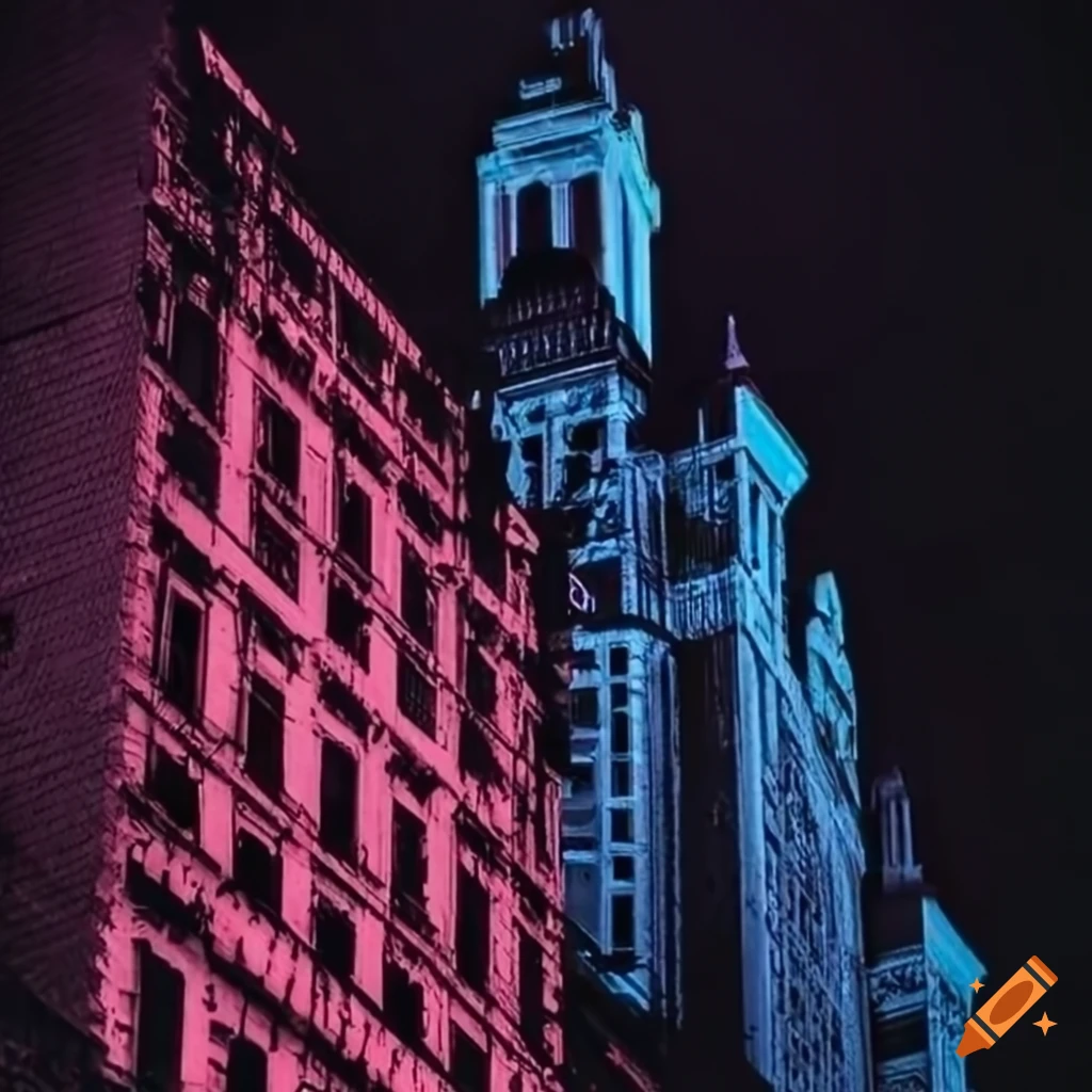 Urban scene with neon lights and gritty architecture in Gotham City on ...