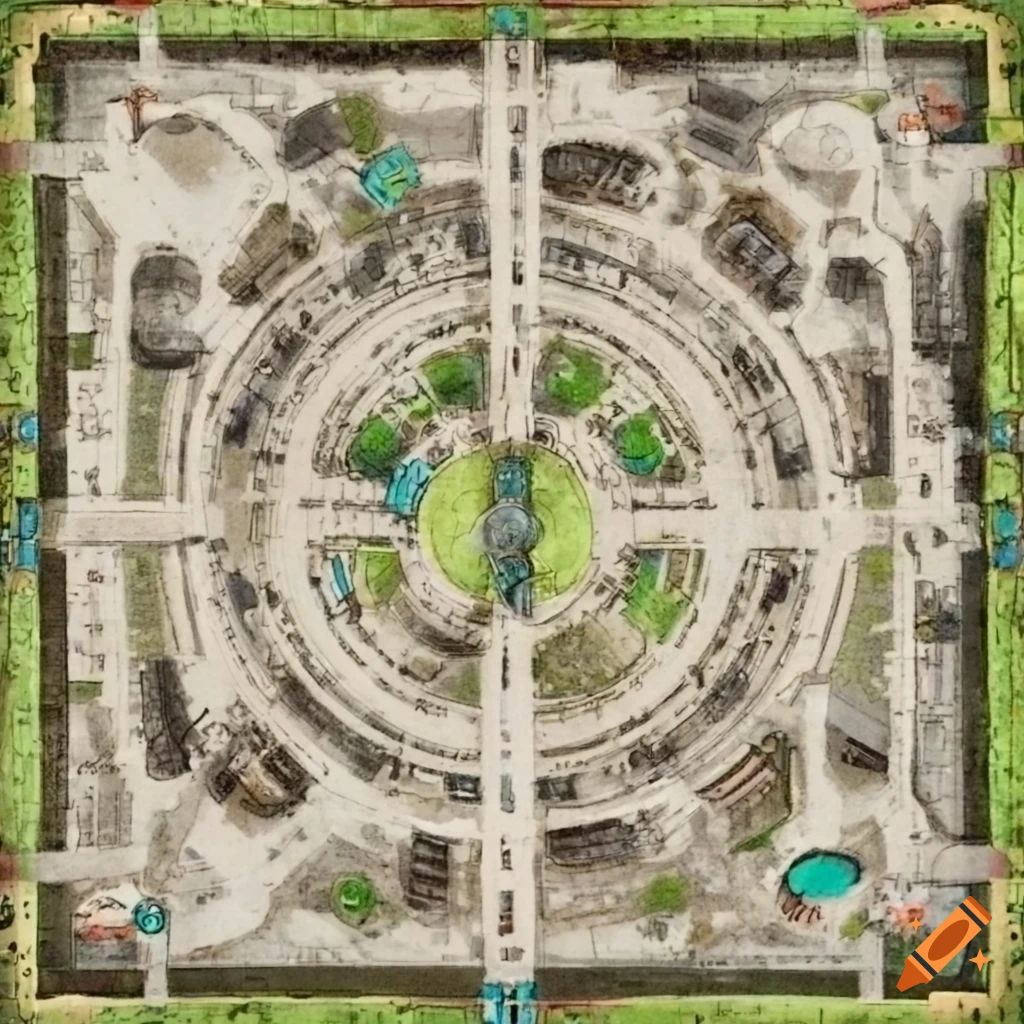 Large city battle map with a wheel layout and fountain at city center ...