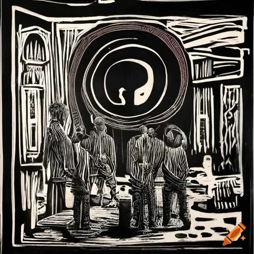 Men surrounded by strange objects in a surreal factory - 4k linoprint ...