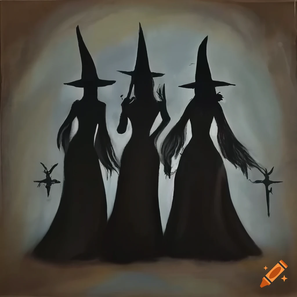 Silhouette of three magical witches with unique features on Craiyon