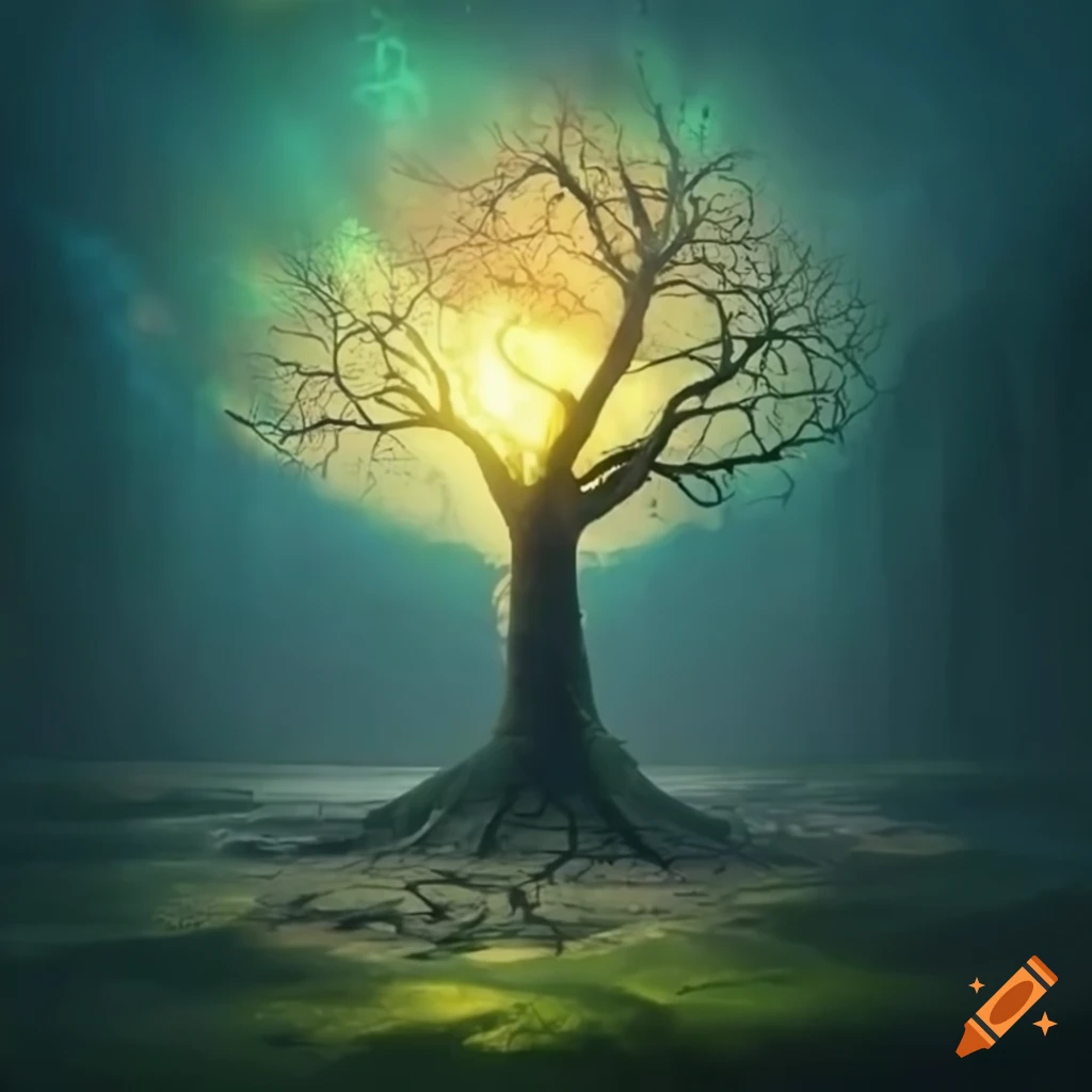 Bright glowing tree inside a tomb in ruins within an enclosed ...