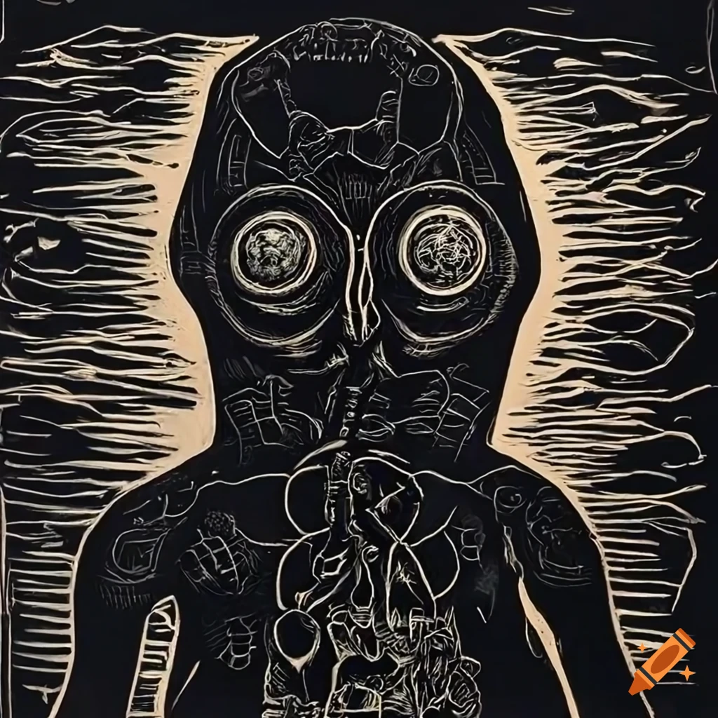 Men surrounded by strange and mysterious objects in a surreal alien ...