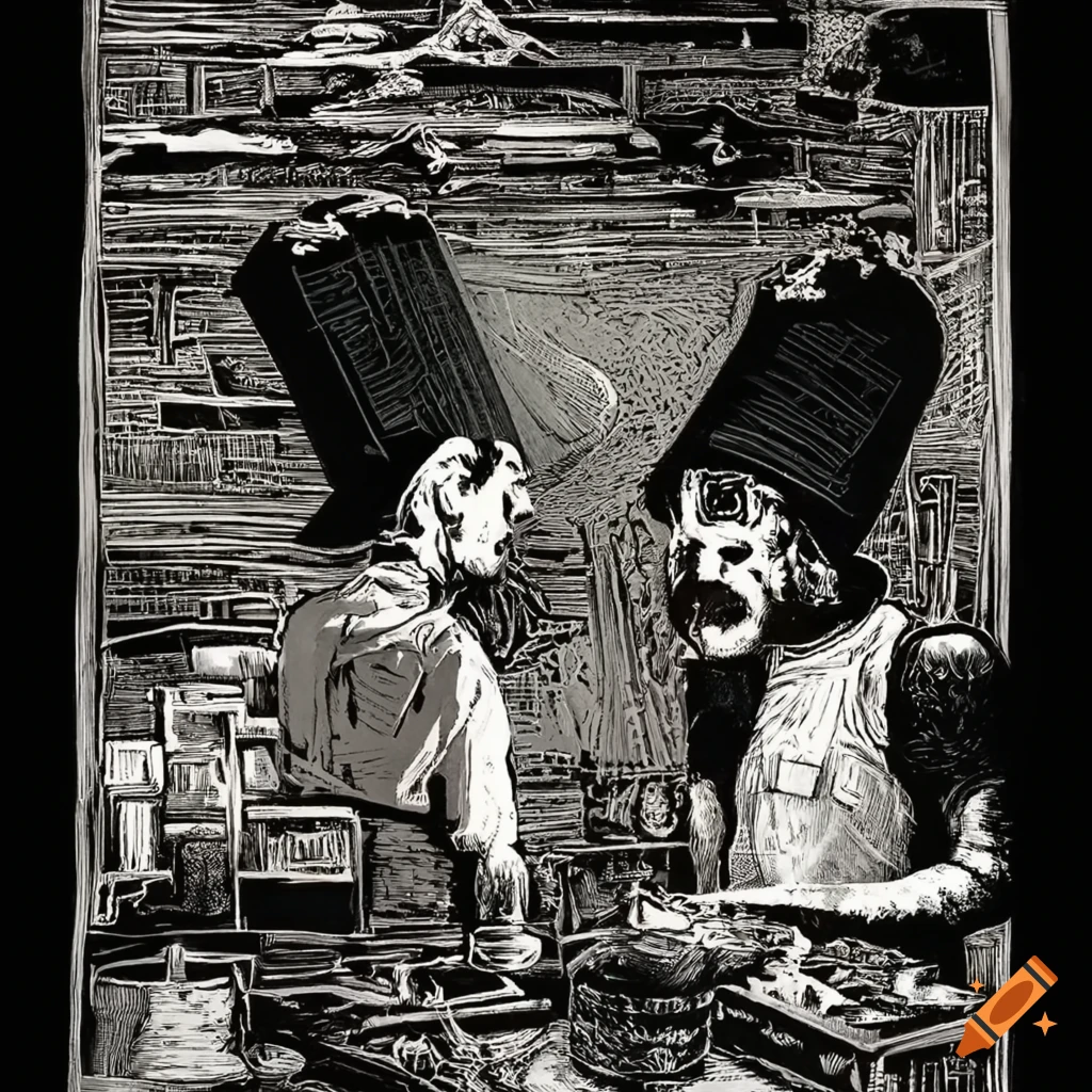 Surreal factory with men surrounded by strange and mysterious objects ...