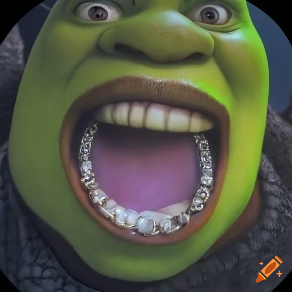 Shrek displaying his rings and chains with fisheye lens effect on Craiyon
