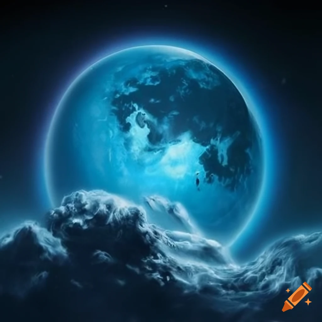 Great moon globe over stormy sea with blue exploding smoke in an ...