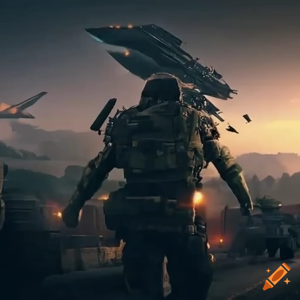 Modern warfare scene with military vehicles and combat jets in action ...
