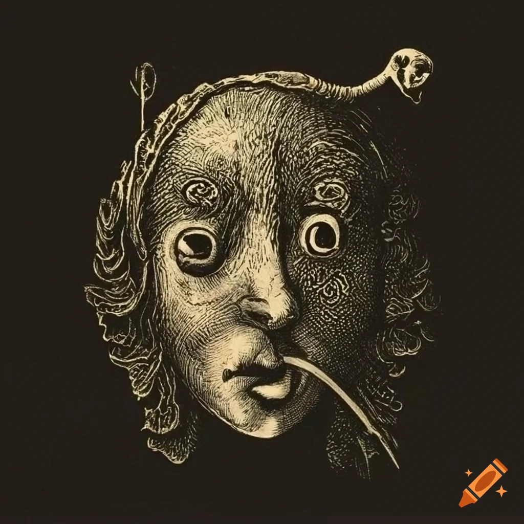 Whimsical weightless sea slug with a human face in 15th-century german ...