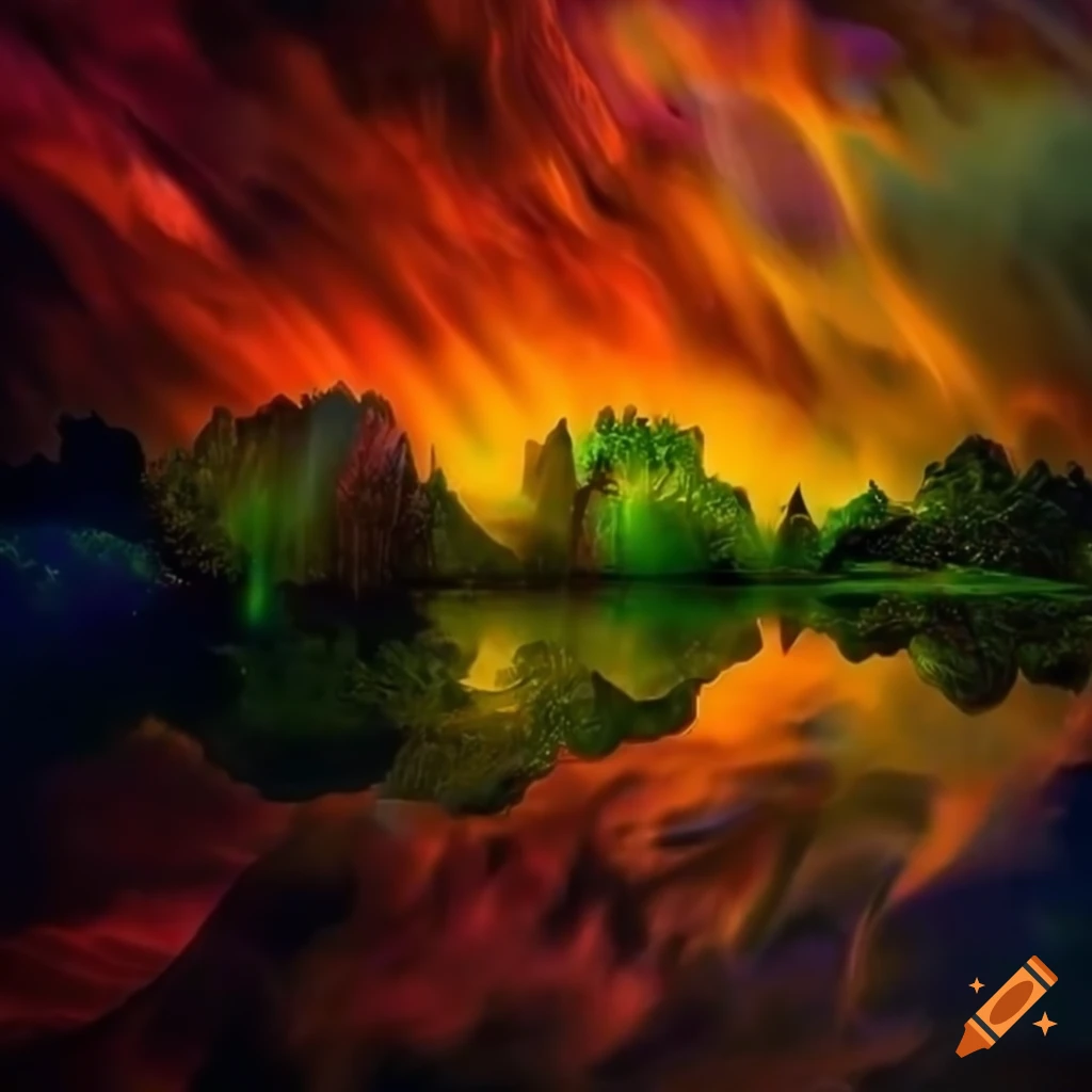Imaginative surreal landscape with colorful flora and vivid skies on ...