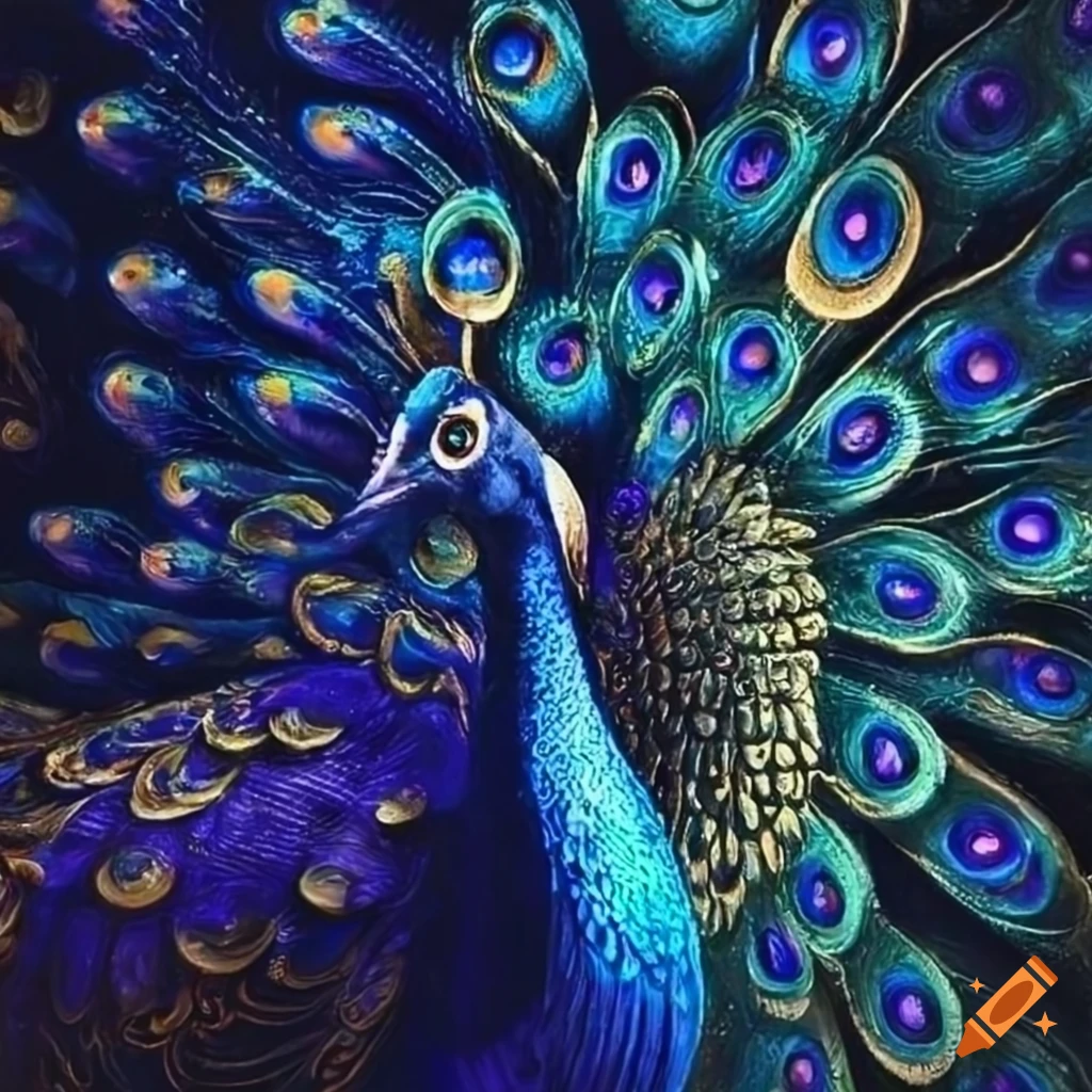 Dark blue metallic peacock with gold elements in spiritual ...