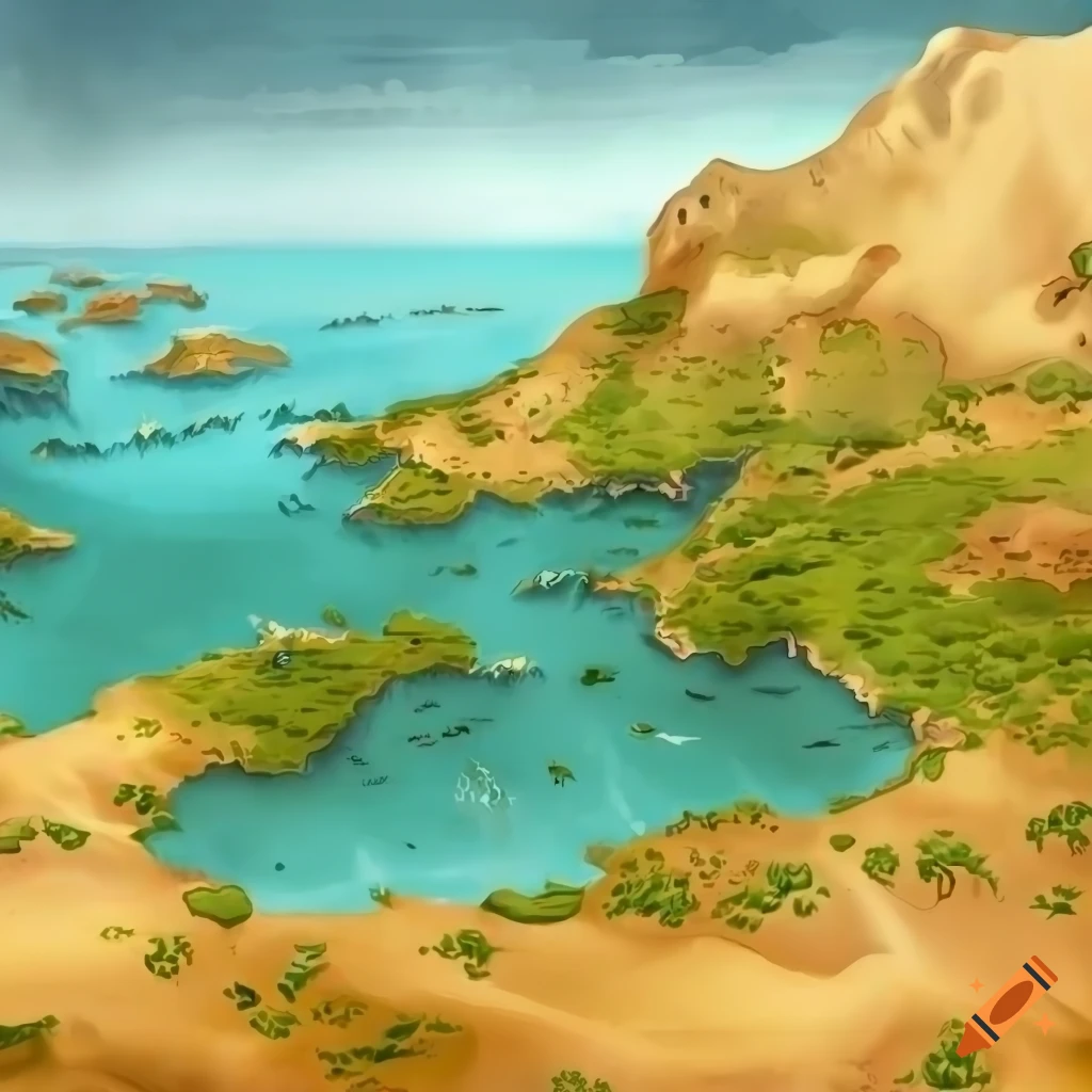 Fantasy continent map with deserts, mountains, glaciers, seas, cities ...