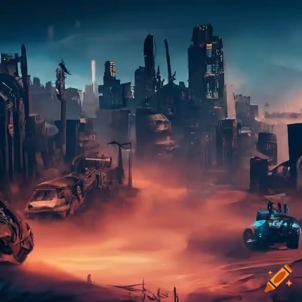 Futuristic car race through a frostpunk-inspired dystopian cityscape on ...