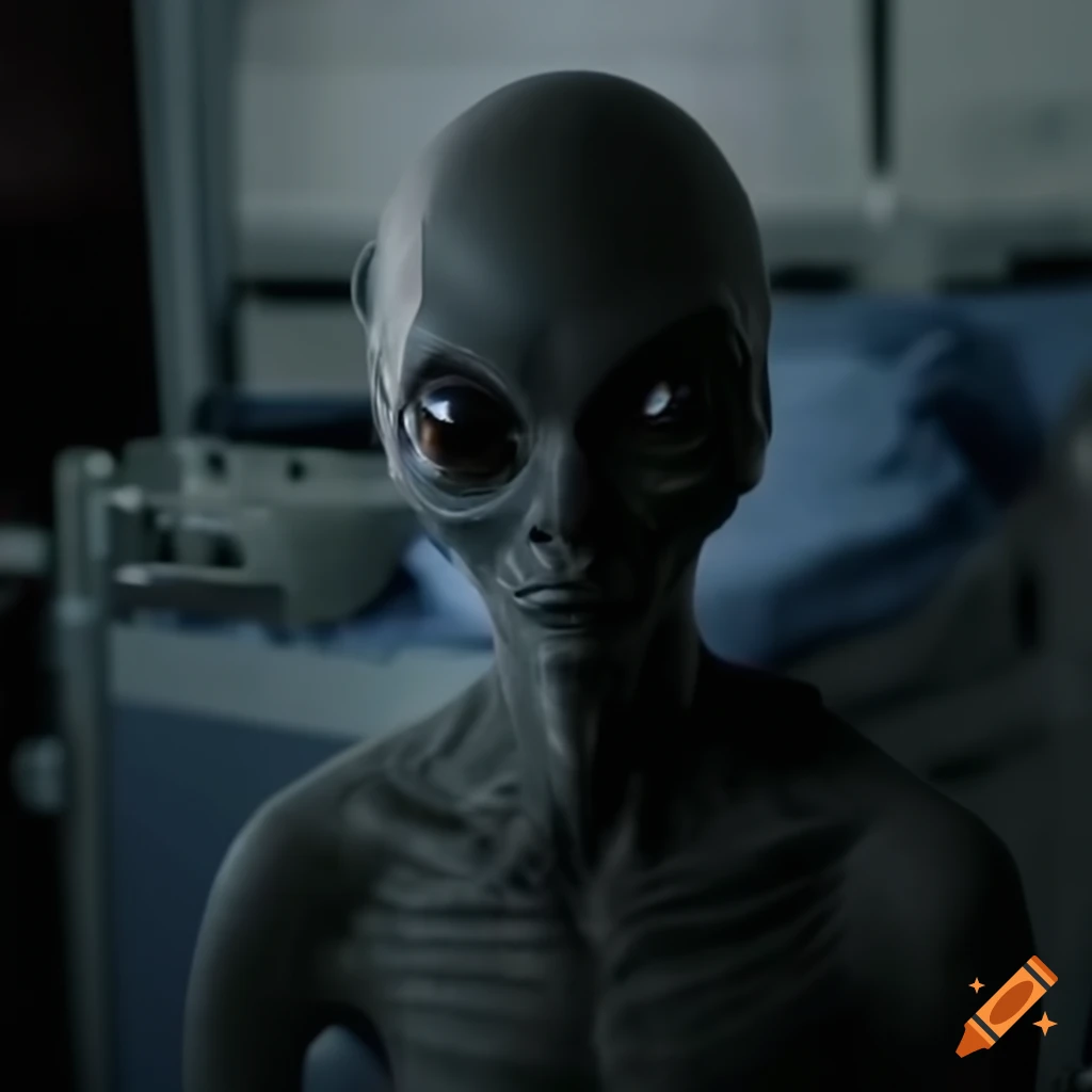 Grey alien in a futuristic medical operations room with a man on the ...