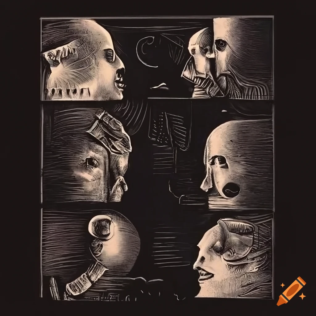 Men surrounded by strange objects in a surreal factory in a lino print ...