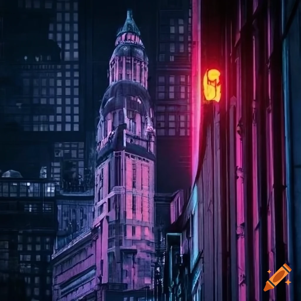 Gotham City with dark neon lights and gritty Fascist architecture on ...