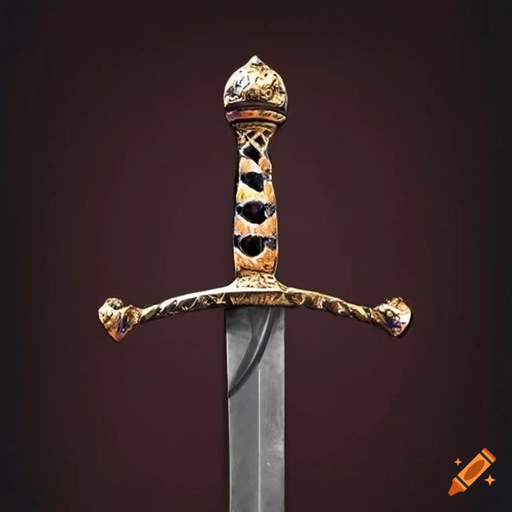 Intricately detailed scottish sword with broad double-edged blade and ...