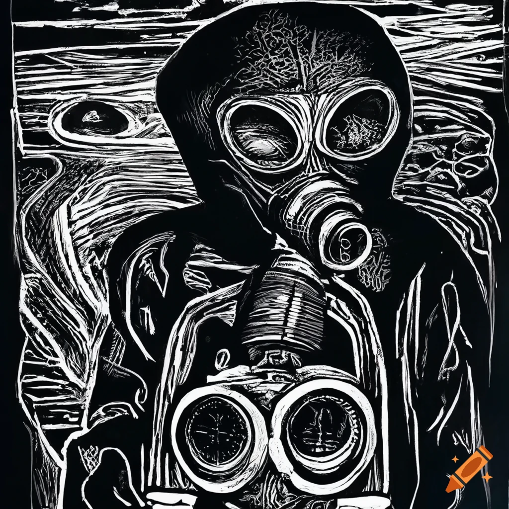 Linocut print of men surrounded by mysterious objects in a surreal ...