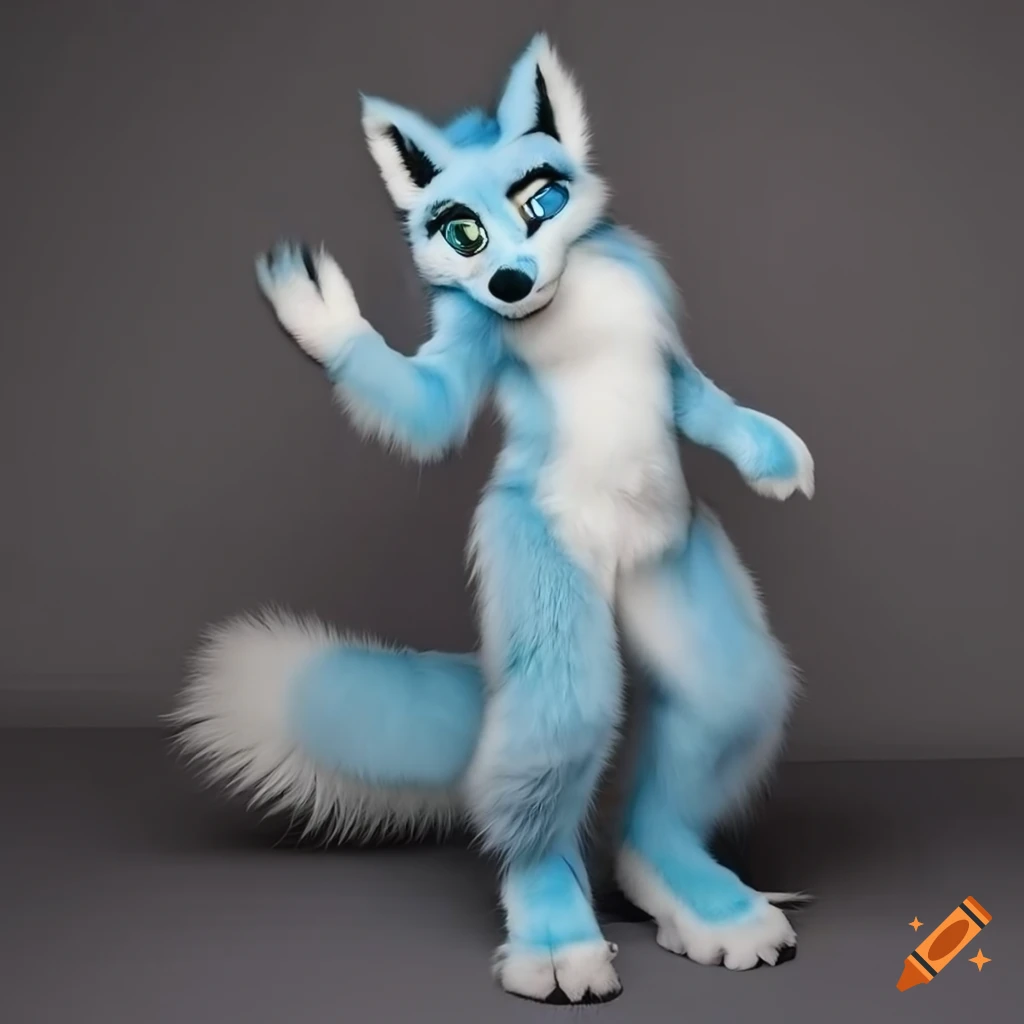 Realistic arctic fox fursuit in pale blue and white standing in a ...