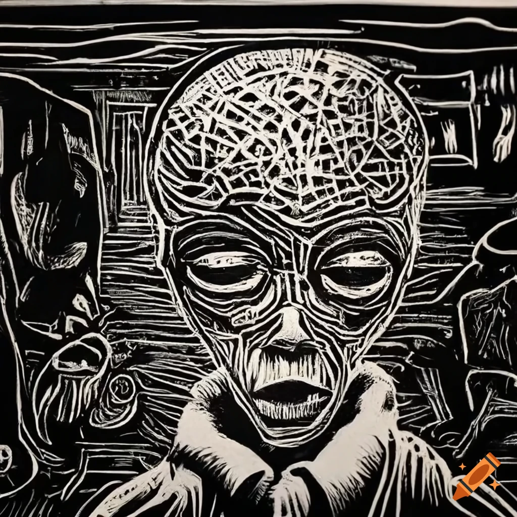 Surreal alien-like men surrounded by strange and mysterious objects in ...