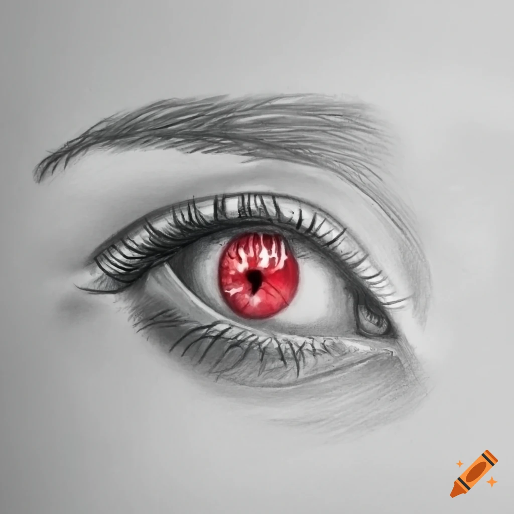 Detailed pencil drawing of an eye with red pupil on Craiyon