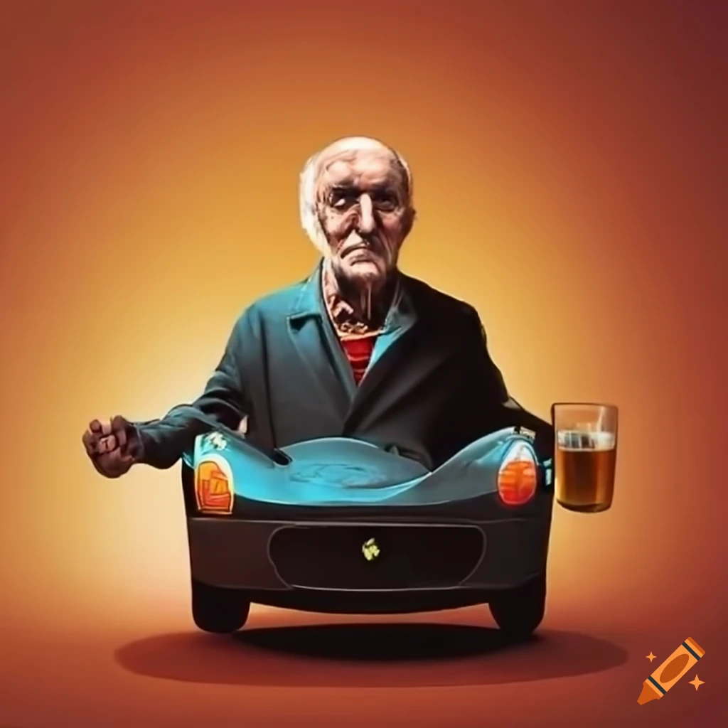 Elderly man driving a ferrari with a beer in hand on Craiyon