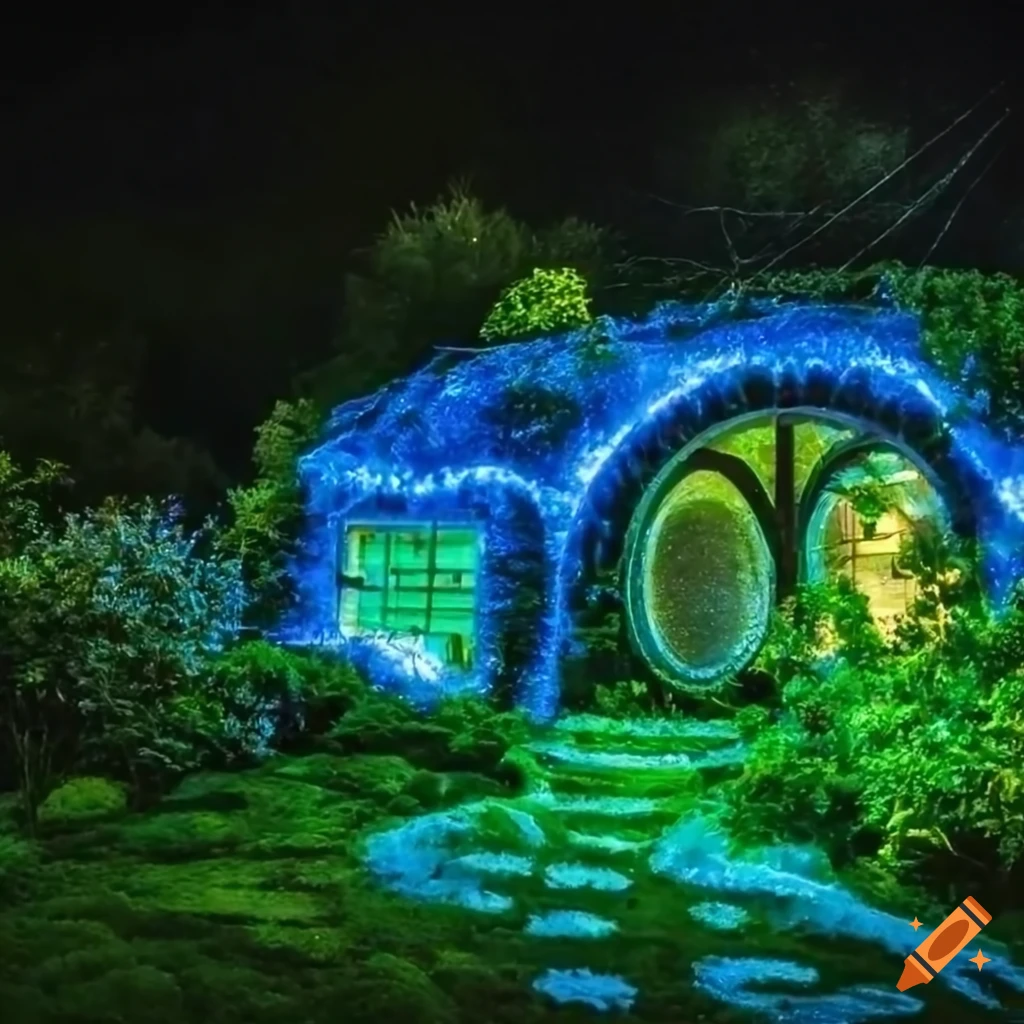 Hobbit house in a bioluminescent garden with hanging lanterns at night ...