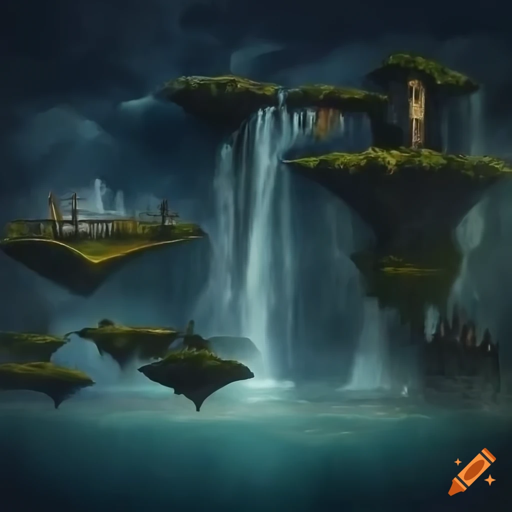 Floating Island with medieval city and waterfall under mysterious ...
