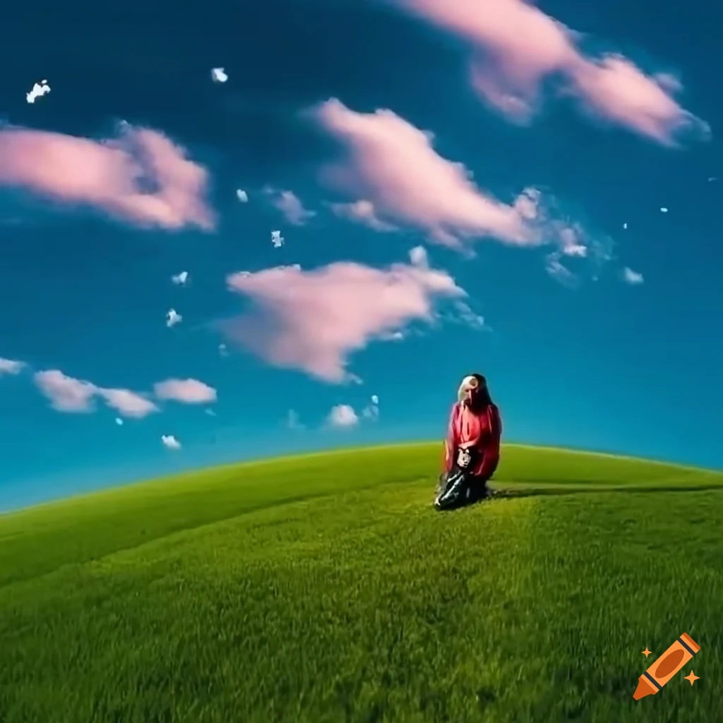 Windows XP bliss field with surreal floating head and detached heads on ...