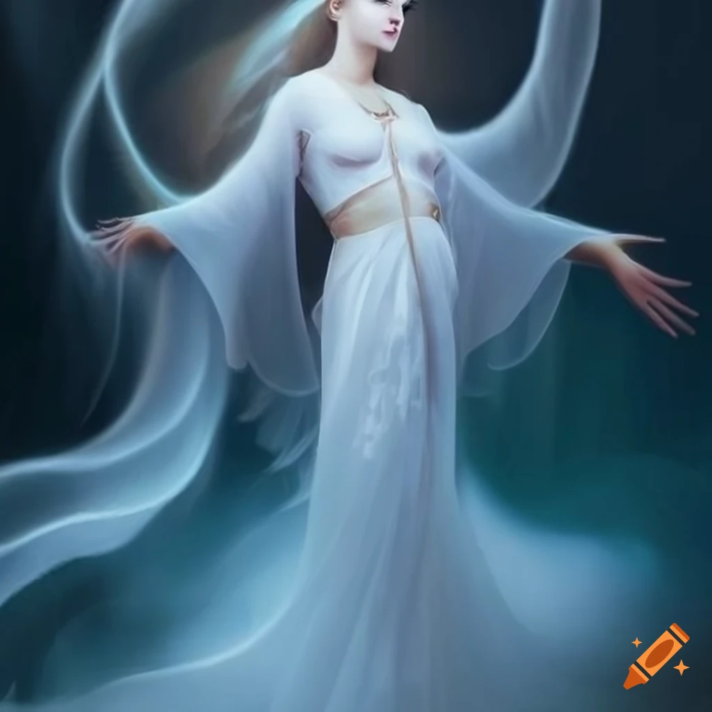 Luminous goddess in flowing white robes with a crystal, exuding purity ...