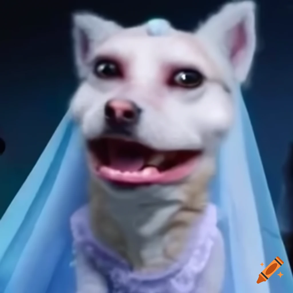 Distorted anthro dog in Elsa costume meme on Craiyon