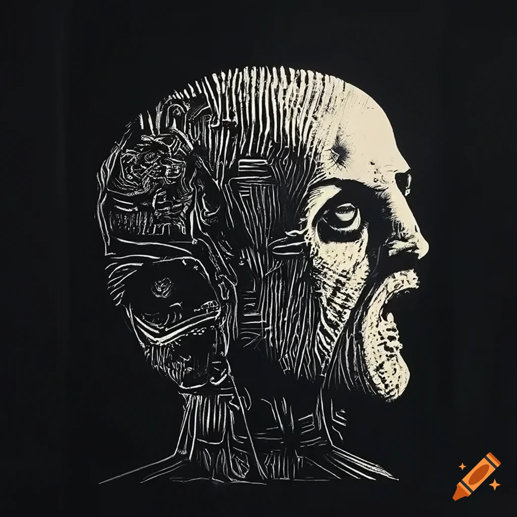 Surreal factory with men surrounded by strange and mysterious objects ...