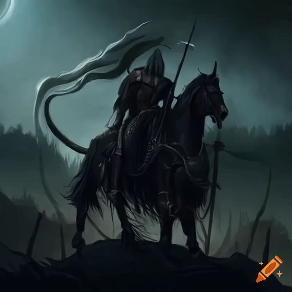 Legendary black knight riding a horse with two lances in epic fantasy ...