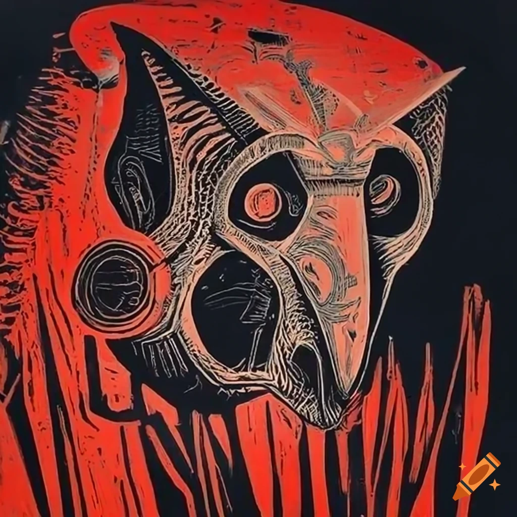 A lino print depicting men surrounded by strange objects in a surreal ...