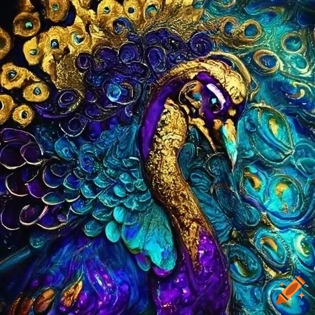 Dark blue metallic peacock with gold elements in a spiritual ...