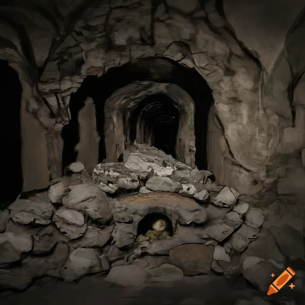 Dark catacombs with collapsed tunnel and blocked off path in realistic ...