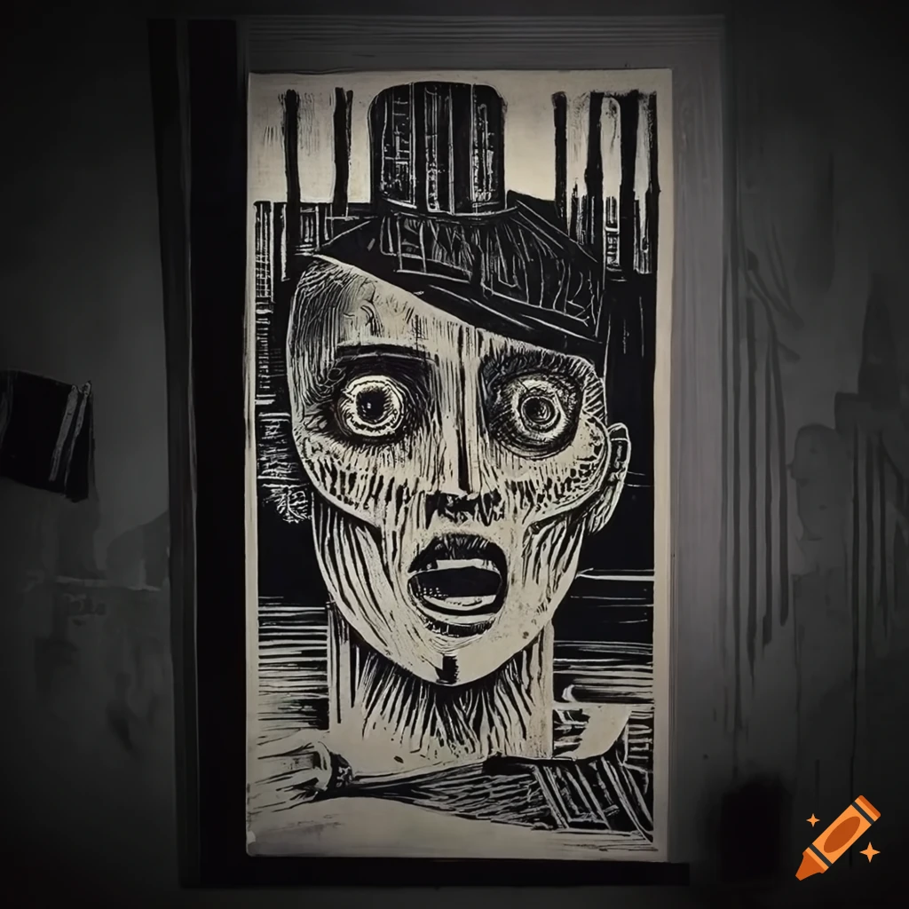 Men surrounded by strange objects in a surreal factory in a lino print ...