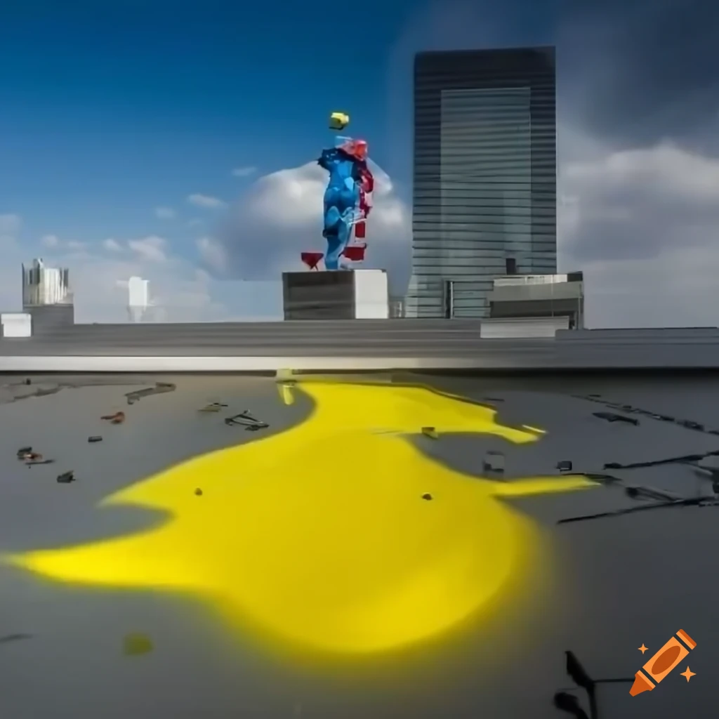 Crash test dummy on skyscraper with falling coolant and storm in the ...