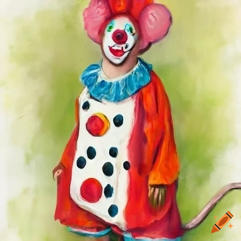 Peculiar rat character in a clown costume painting on Craiyon