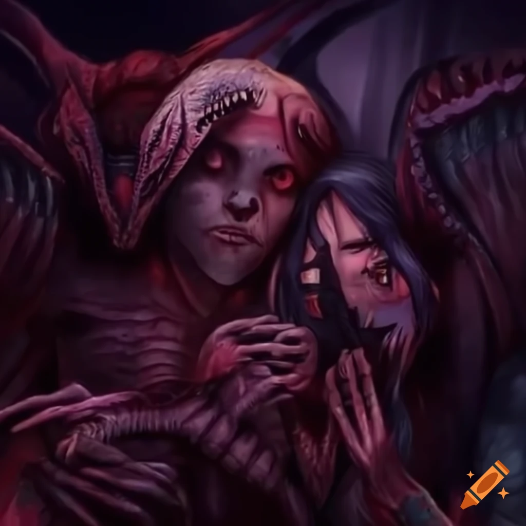 Dream caster aaron wolf and two-headed demon princess demogorgon falling in love on Craiyon