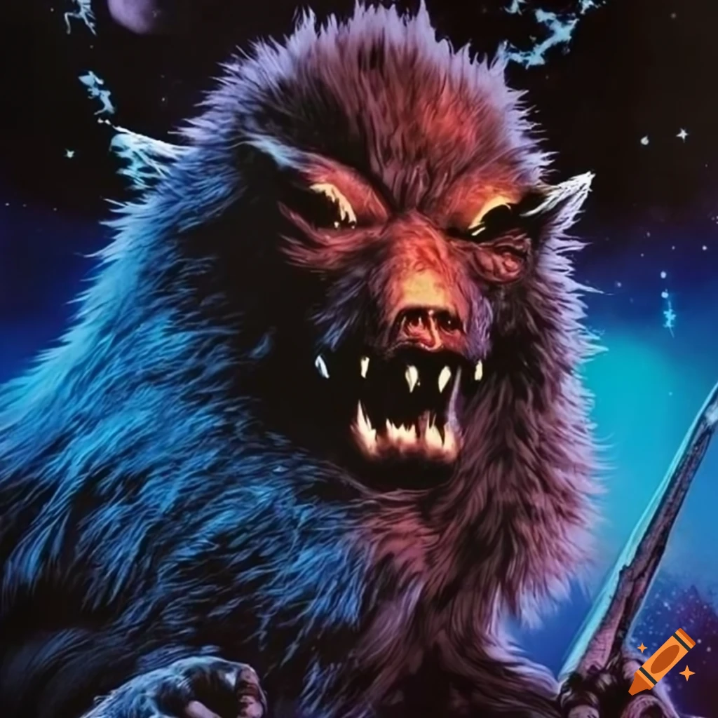 Vintage 80s movie poster with werewolf in space battling aliens on Craiyon