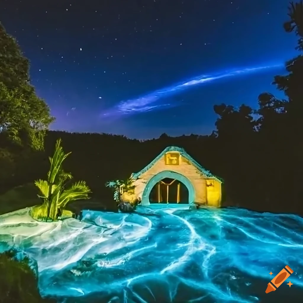 Hobbit house in a bioluminescent garden at night with glowing plants ...