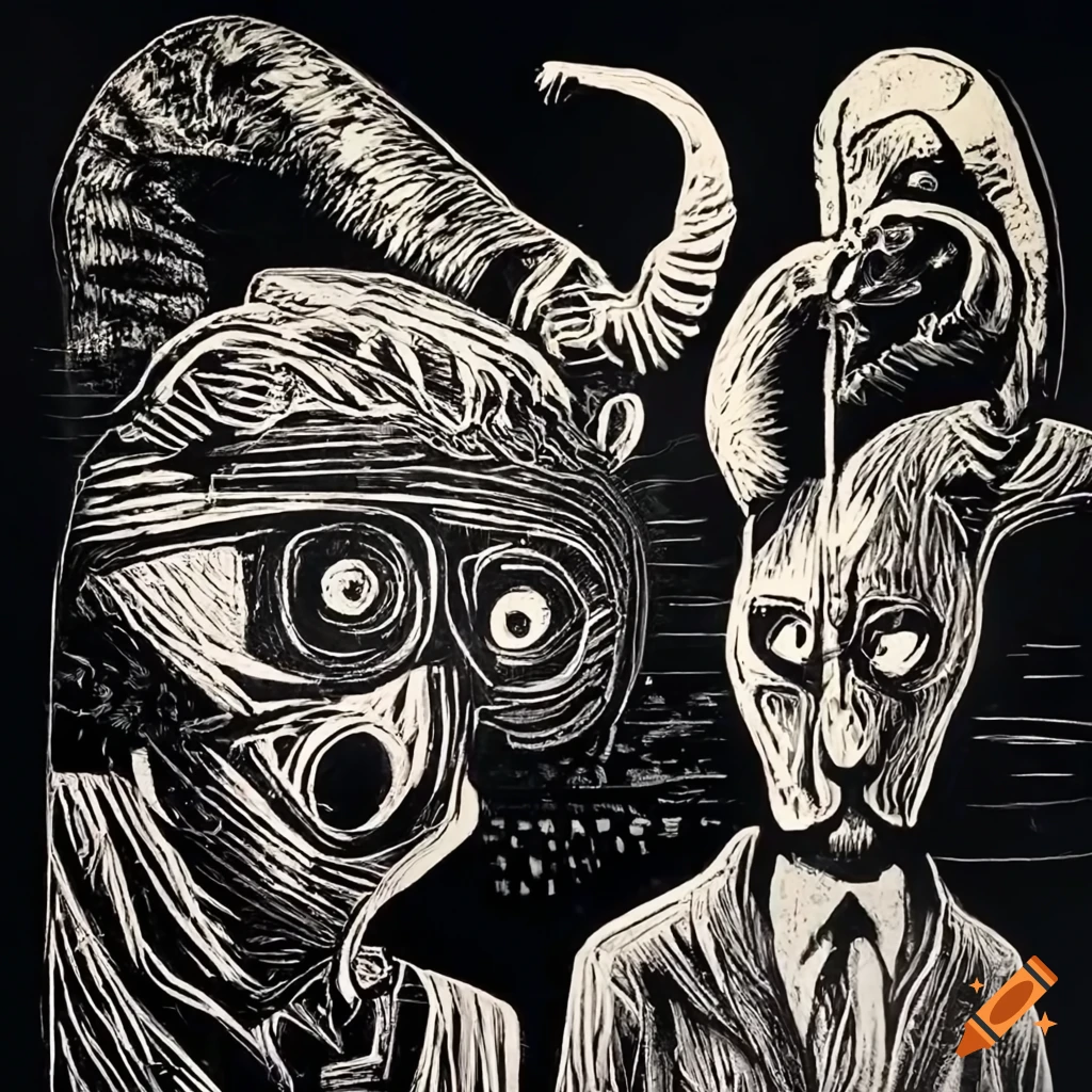 A lino print depicting men surrounded by strange objects in a surreal ...