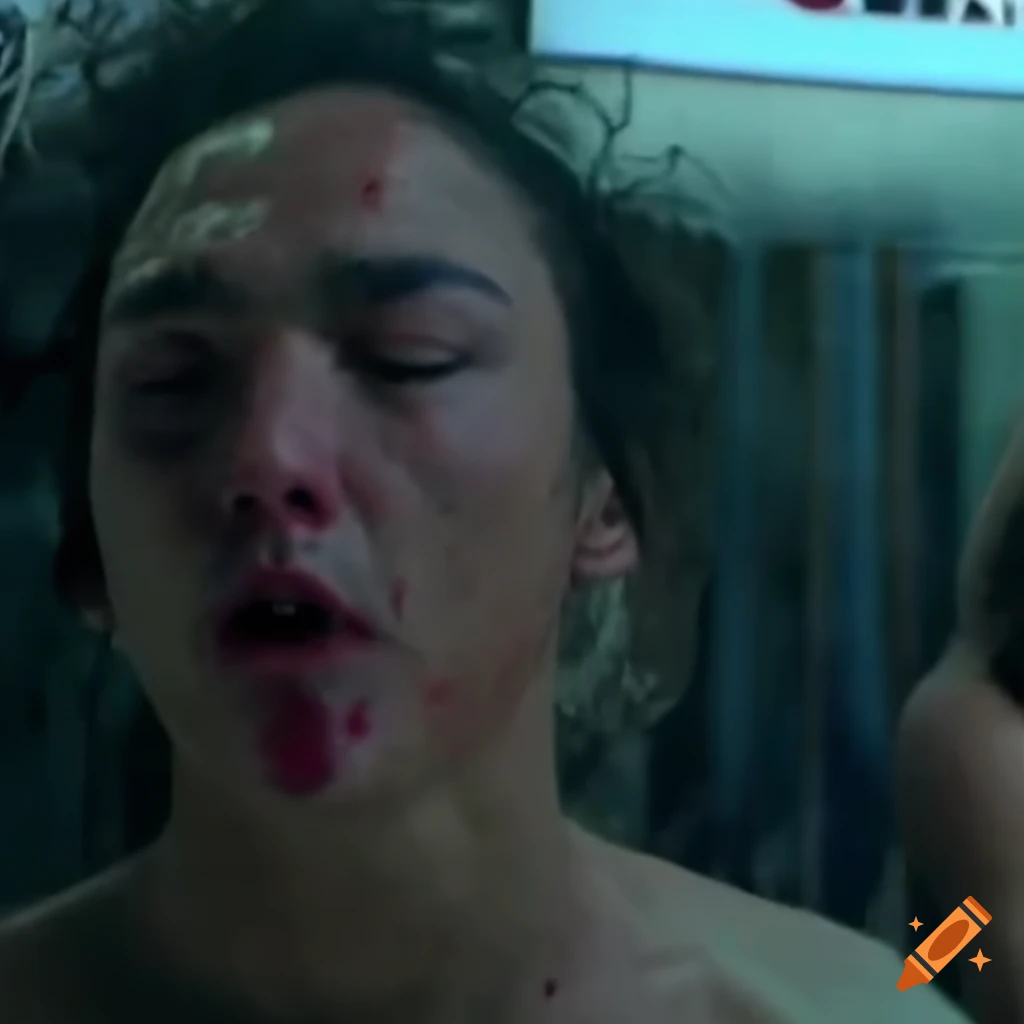 Expressive closeup of a sweat-drenched, bruised Israeli commando with ...