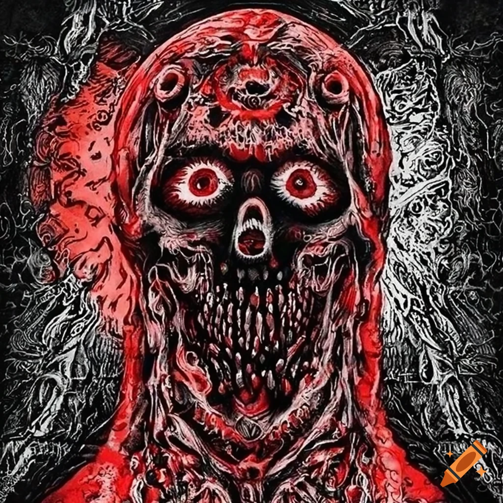 Intricate black, red, and white ink drawing of a tormented ghost ...