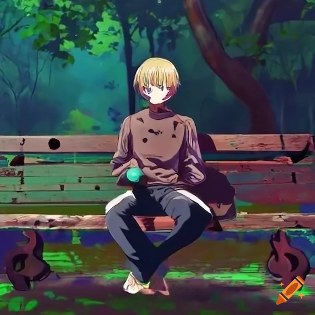 Young man sitting on a rusty park bench with tattered clothes on Craiyon