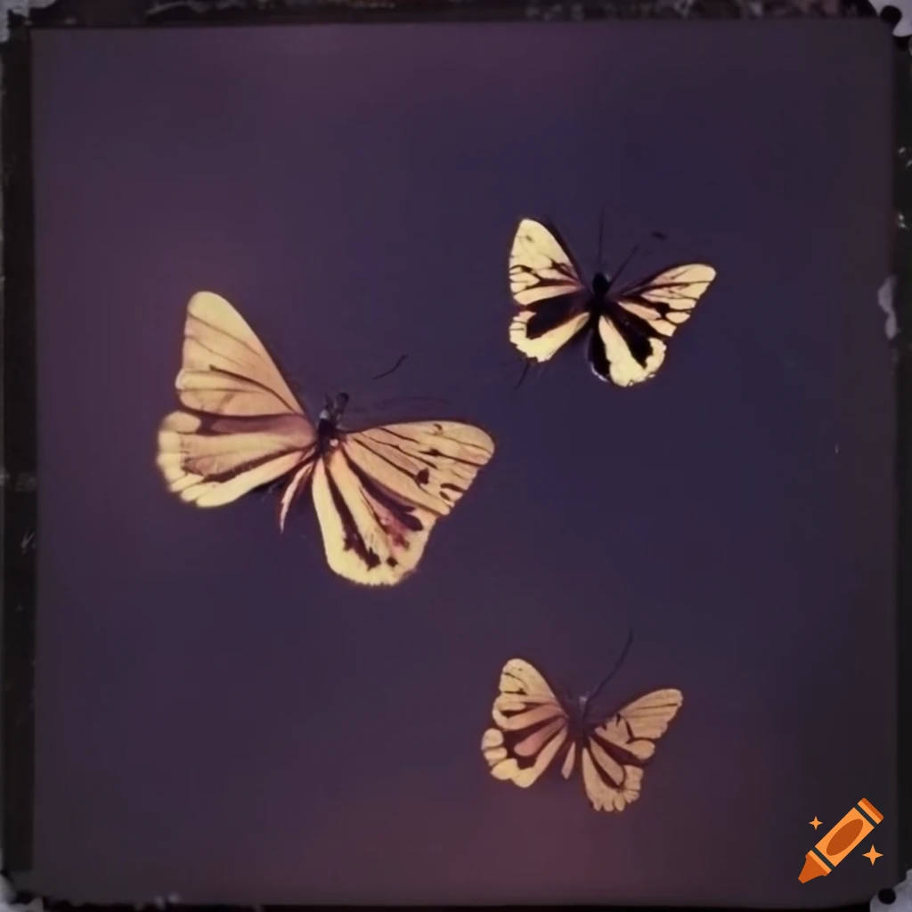 Butterflies flying in darkness captured in an old polaroid autochrome ...