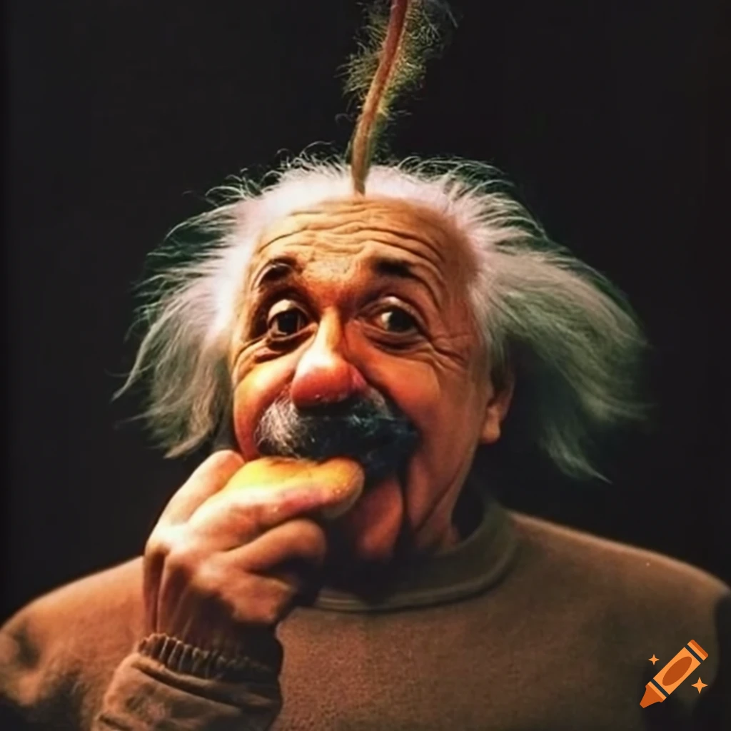 Albert einstein eating a huge apple in a paparazzi photograph on Craiyon