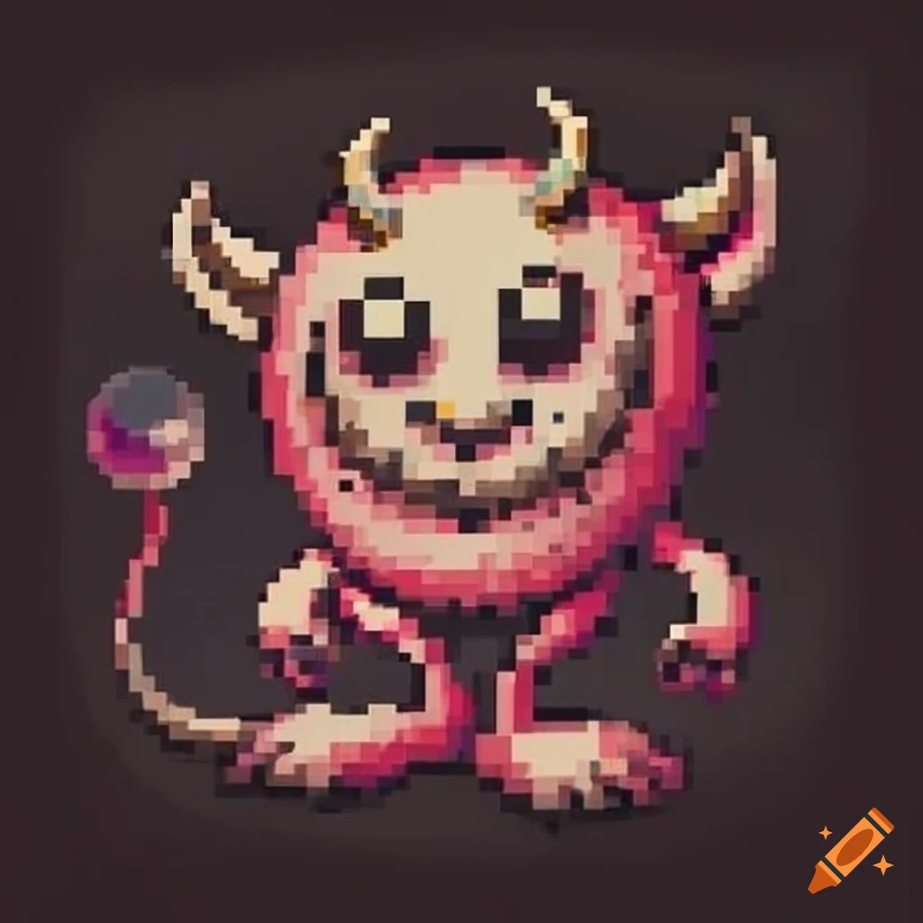 Sprite of a goofy little round devil with a crystal ball in a pixel ...
