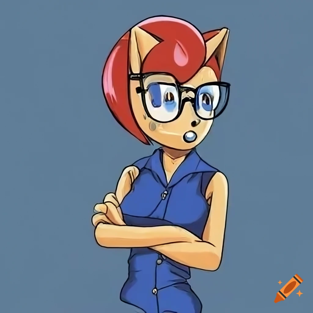 Sally acorn in a royal blue sleeveless collared shirt and glasses, side ...