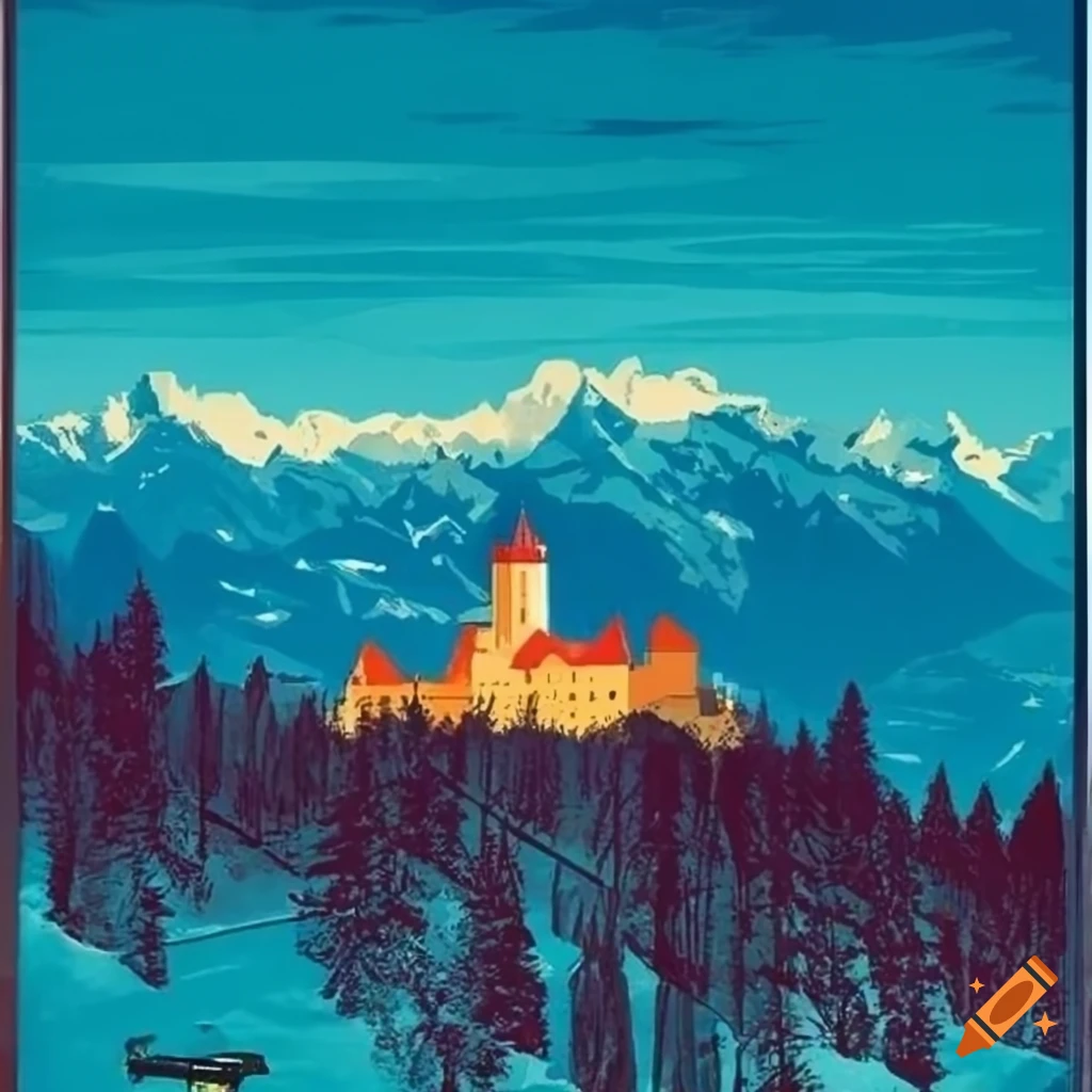 Vintage travel poster of austrian alps ski resort with a castle, snow ...